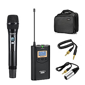 Comica CVM-WM100H Wireless Handheld Microphone with UHF 48 Channels, 328 ft Wireless Range,Real time Monitor, LCD Display, Wireless Microphone for Camera, Camcorder, iPhone, Samsung and More