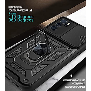 CCSmall Sturdy Case for Oppo A16 with Slide Camera Window, Heavy Duty Protection Phone Cover Case with Ring Stand for Oppo A16/A16s/A54s SJ Black
