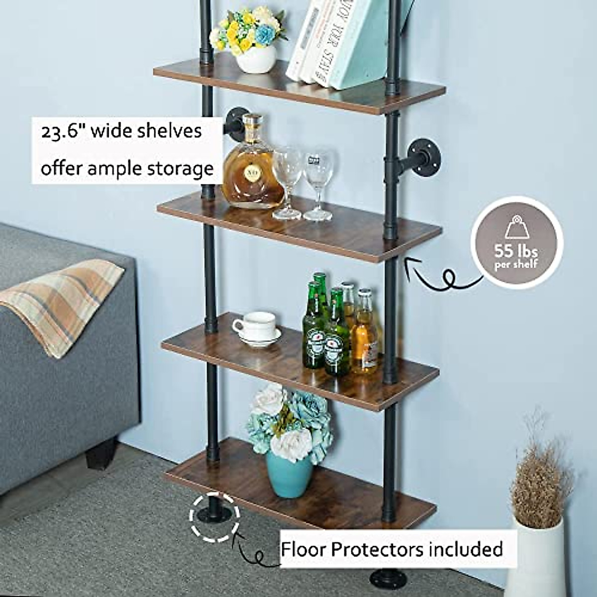 HEONITURE 5 Shelf Industrial Pipe Shelving, Black Modern Bookcase Bookshelf, Wall Mount Ladder Shelf with Metal Frame Display Selves