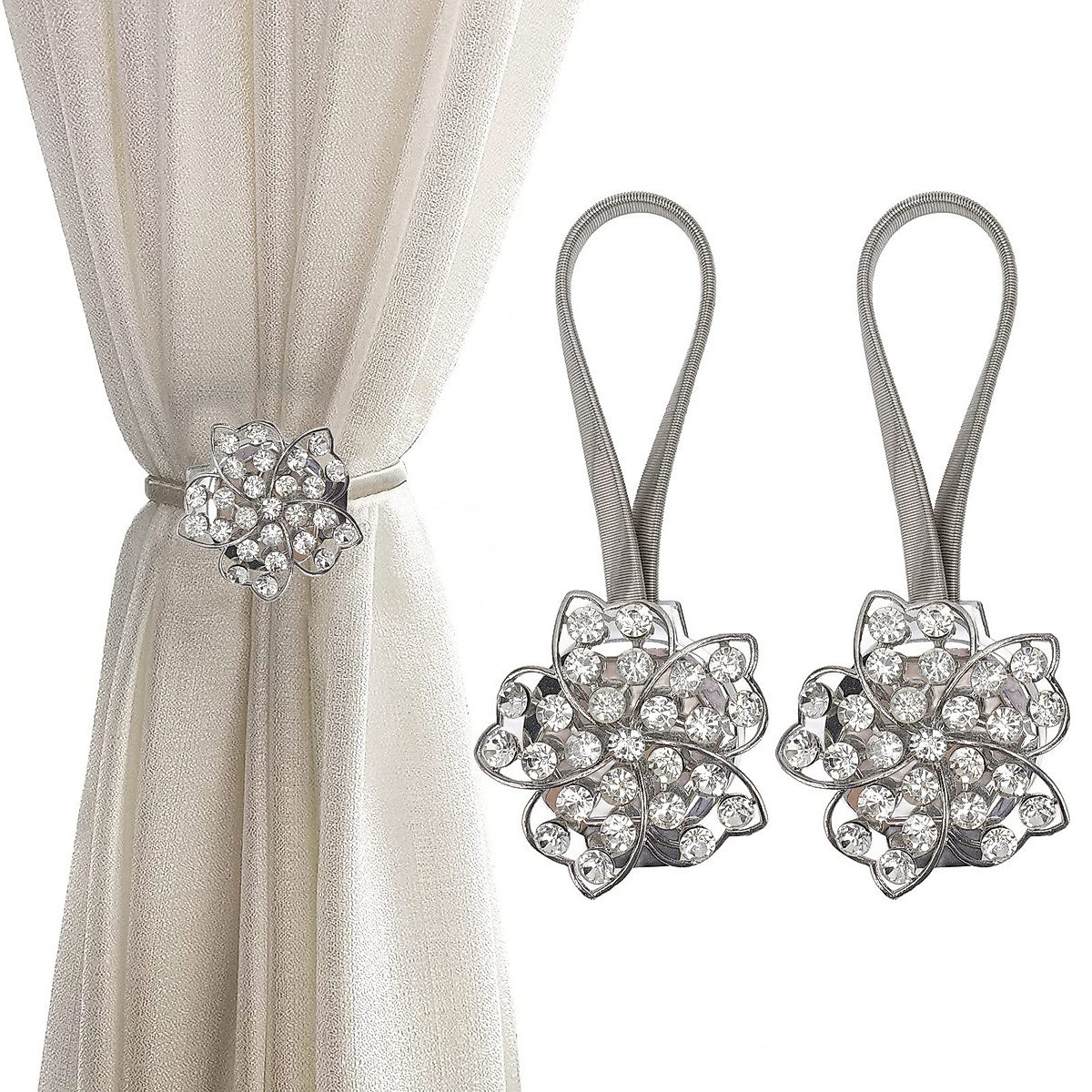 Marooma 2Pcs Magnetic Curtain Tiebacks, Sparkling Crystal Flower Curtain Buckle Clips, Convenient Drape Tie Backs Decorative Curtain Holdbacks Holder Curtain Tiebacks for Home.