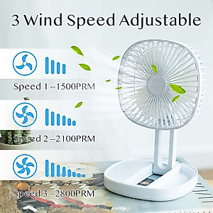 DEPOZA 7 Inch Travel Fan, Portable Folding Desk Fan with 3 Speeds, 185° Rotation, Battery Operated & Rechargeable, Quiet Small Table Fan for Bedroom, Office