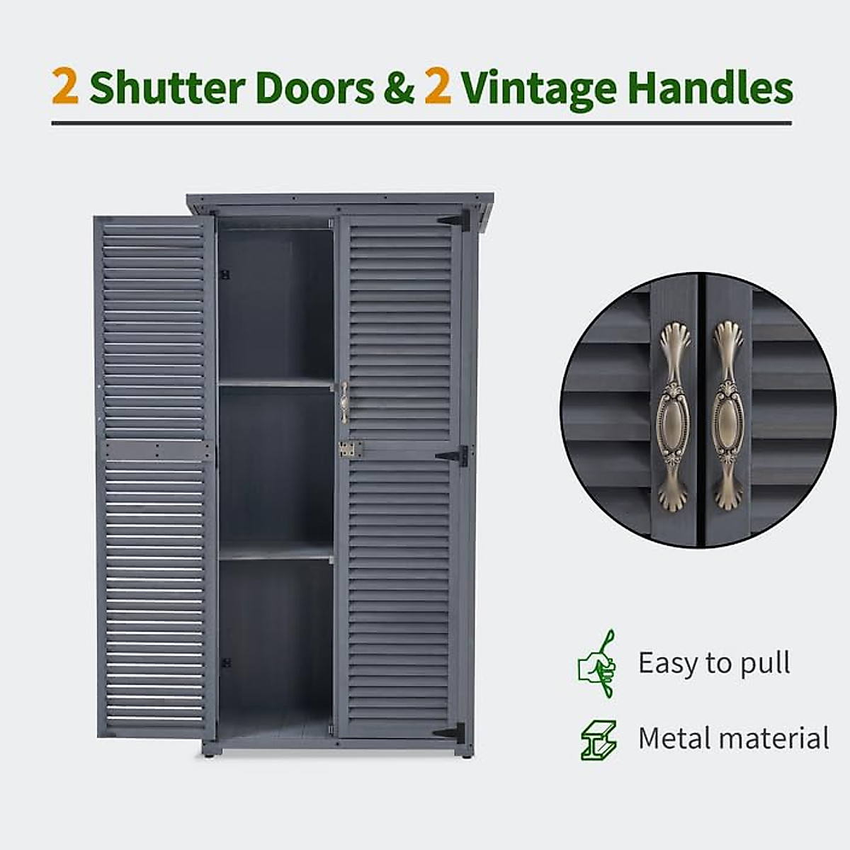 MCombo Outdoor Wooden Storage Cabinet, Garden Tool Shed with Latch, Outside Tools Wood Cabinet with Double Doors for Patio 0808 (Grey, Medium)