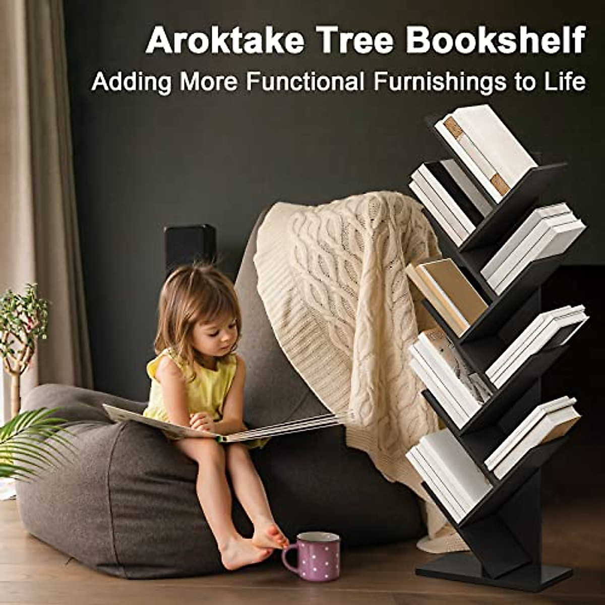 Aroktake Bookshelf, 9-Tier Black Tree Bookshelf, Anti-Tippling Wooden Bookshelves Storage Rack for Home Office, Living Room, Bedroom, Black