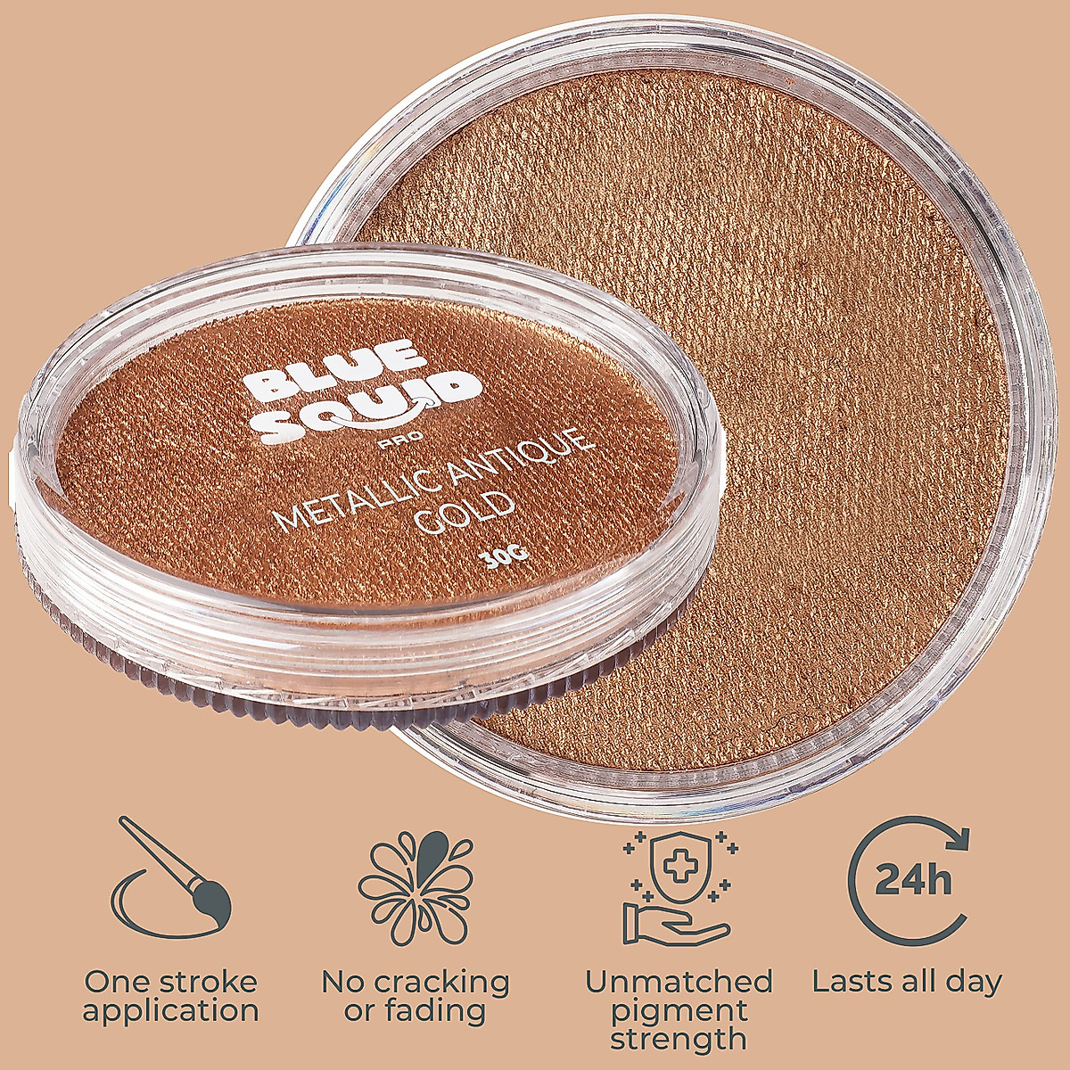Blue Squid PRO Face Paint - Professional Water Based Single Cake Facepaint & Body Paints - SFX Makeup, Kids Adults Face Painting for Costume, Halloween, Cosplay - Metallic Antique Gold 30g / 1oz