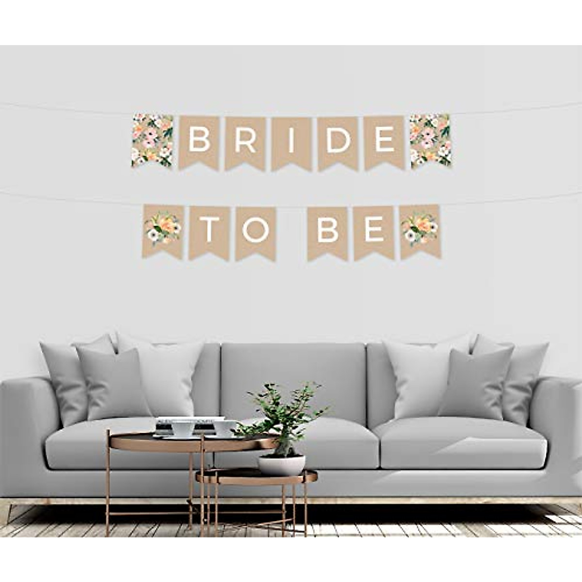 Andaz Press Peach Coral Kraft Brown Rustic Floral Garden Party Wedding Collection, Hanging Pennant Party Banner with String, Bride to Be, 5-Feet, 1 Set