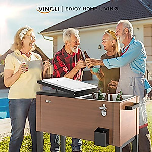VINGLI 80 Quart Rolling Ice Chest on Wheels, Patio Cooler Cart with Waterproof Cooler Cart Cover, Beverage Rolling Cooler for Outdoor Patio Deck Party (Brown)