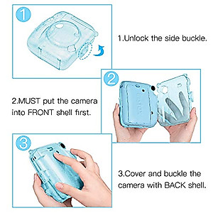 Fintie Protective Clear Case for Fujifilm Instax Mini 11 Instant Film Camera - Crystal Hard Shell Cover with Removable Rainbow Shoulder Strap, Glittering Blue