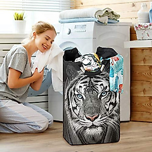 Kaariok White Tiger Animal Black Laundry Hamper with Handles Waterproof Collapsible Storage Basket Large Dirty Clothes Bin for Laundry Room, 22.7 Inches