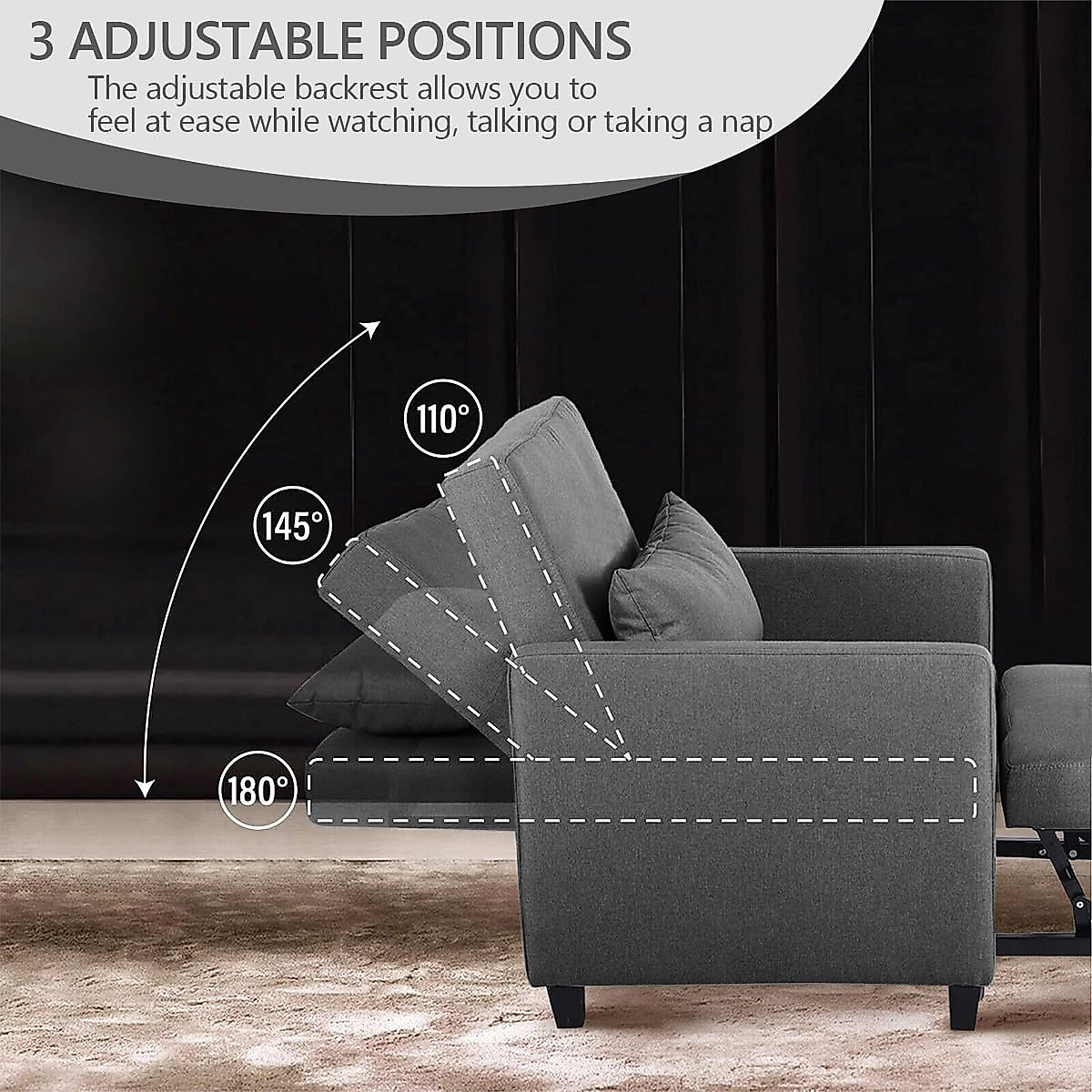 Mlxgoie Convertible Sofa Bed Chair, 3-in-1 Multi-Functional Sleeper Single Futon Chair Bed with Modern Linen Fabric & Tufted Pillow for Compact Living Room, Apartment, Dorm - Grey