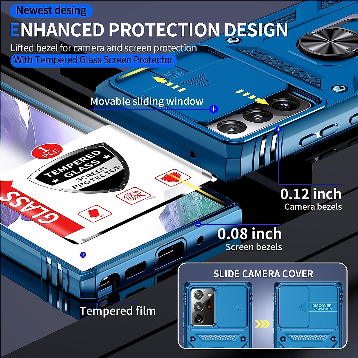 IYTRRYH for Samsung Galaxy Note 20 Ultra Case with Glass Screen Protector,with Magnetic Kickstand Ring&Camera Cover Military Grade Drop Shockproof Heavy Duty Protection Galaxy Note 20 Ultra Case Blue