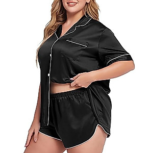 SWOMOG Womens Satin Plus Size Pajamas Silk Button Down Shorts Set Pajama Shorts 2Pcs Short Sleeve Pjs Sets Loungewear Black