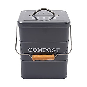 Compost Bin Kitchen Countertop Indoor Compost Pail Bucket, Great for Food Scraps, Carbon Steel, Handles, Gray, 1 Gallon - Includes Charcoal Filter