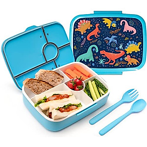 RUVALINO Bento Lunch Box for Kids, 5-Compartment Bento-Style Kids Lunch Box with Utensils, Leak-Proof, Dishwasher Safe, Pre-School Kid Daycare Lunches Snack Container for Ages 5 and up, Dinosaur