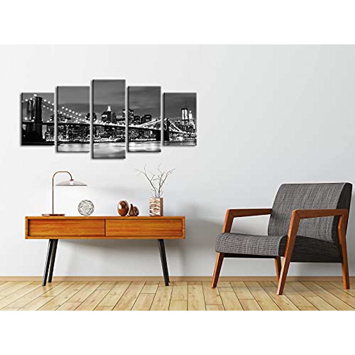 Wieco Art New York Brooklyn Bridge Canvas Wall Art Night View 5 Panels Modern Landscape Artwork Canvas Prints Abstract Pictures to Photo Canvas Wall Decor for Home & Office Decorations