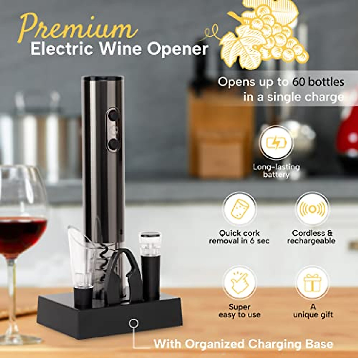 Electric Wine Opener Kit - Rechargeable, Cordless Automatic Corkscrew, Charging Base and Accessories - Gift Set for Wine Lovers - Battery Operated, Electronic Cork Remover Gadget