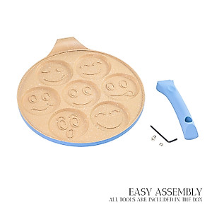 Erreke Nonstick Pancake Pan, 7 Smiley Face Pancake Griddle, Soft Touch Handle Fun Breakfast for Kids, 10.2 in Crepe Pan for Gas Stoves (Blue Color)