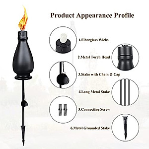 tewei 6 Pack Outdoor Citronella Torches, 59 inch Metal Garden Torches for Outside, Easy to Refill Citronella Outdoor Black Flickering Flame Torch Light for Backyard Outside Patio Lighting Party