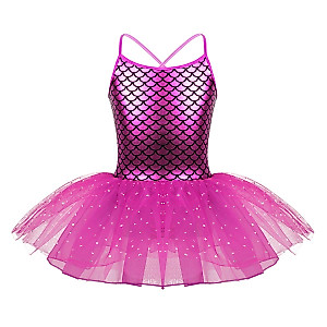 Moily Girls Sequins Mermaid Costume Criss Cross Back Fishscale Leotard Tutu Ballet Dress Princess Costume Rose Red 8