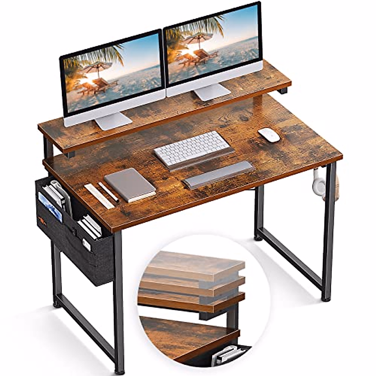 ODK Computer Desk with Adjustable Monitor Shelves, 40 inch Home Office Desk with Monitor Stand, Writing Desk, Study Workstation with 3 Heights (10cm, 13cm, 16cm), Rustic Brown