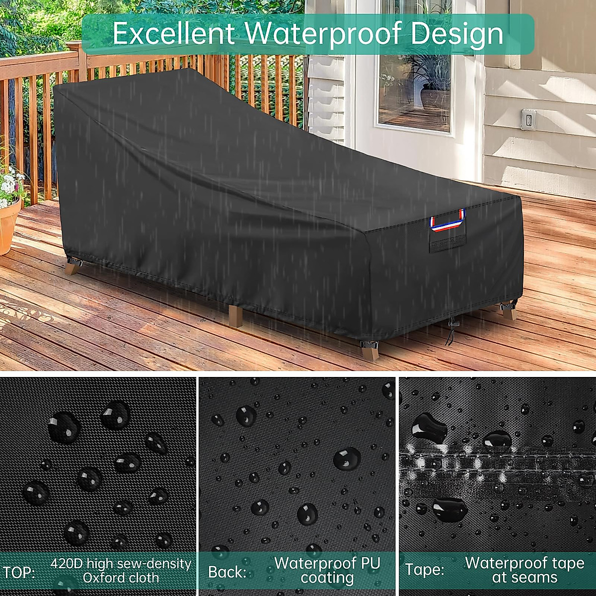 Outdoor Chaise Lounge Covers, Waterproof Patio Chaise Lounge Covers, Windproof Patio Furniture Cover with Air Vent for Poolside Beach, 2 Pack-68L x 30W x 30H inch