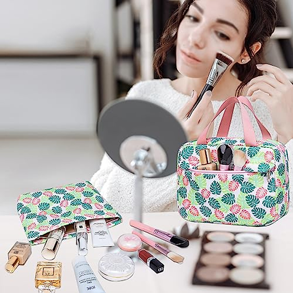 BTOOP 2 Pcs Makeup Bag Large Travel Cosmetic Tote Bags Cute Makeup Pouch Toiletry Handle Purse Organizer Set for Women (Turtle back-Pink green)