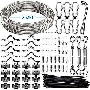 Ruesious Outdoor String Light Hanging 262FT Wire Rope Wire Guide Wire for Outdoor String Lights Kit Heavy Duty Globe String Garden Wire for Climbing Plants Hooks for Indoor and Outdoor Lights