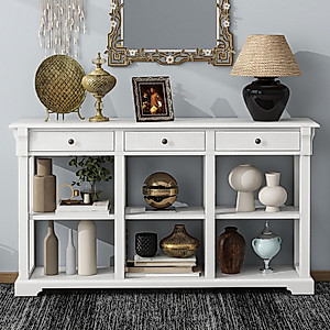 Merax Console Table/Sideboard with Ample Storage, Open Shelves and Drawers for Living Room, Antique White