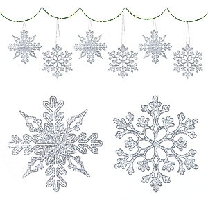 36Pcs Plastic Snowflake Ornaments, Christmas Silver Glitter Snowflake Hanging 4 Inches Large Snowflake Pendants Decorations for Christmas Tree Window Wedding Embellishing Party Decorations(Silver)