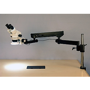 AmScope SM-8BZ-144S Professional Binocular Stereo Zoom Microscope, WH10x Eyepieces, 3.5X-90X Magnification, 0.7X-4.5X Zoom Objective, 144-Bulb LED Ring Light, Articulating-Arm Boom Stand, 110V-240V, Includes 0.5x and 2.0x Barlow Lenses