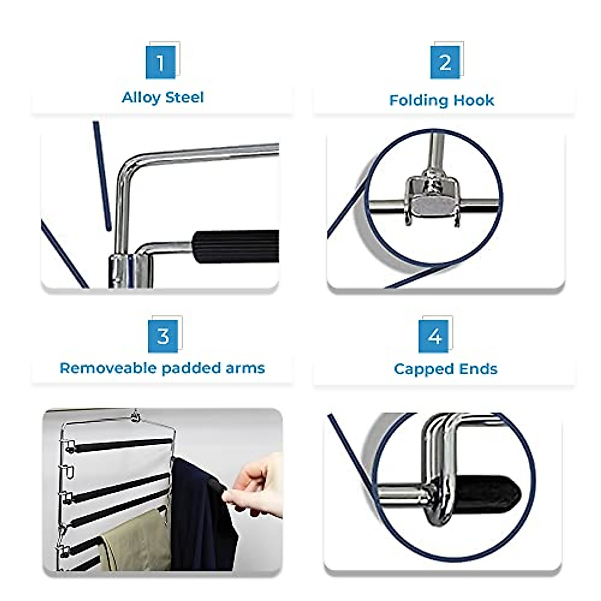 USTECH Metal Space Saving Hangers for Closet Organization | Heavy Duty Foam Padding, Non-Slip & Removable Trouser Bar for Convenient Functionality | Folding Mechanism for Easy Storage | Pack of 2