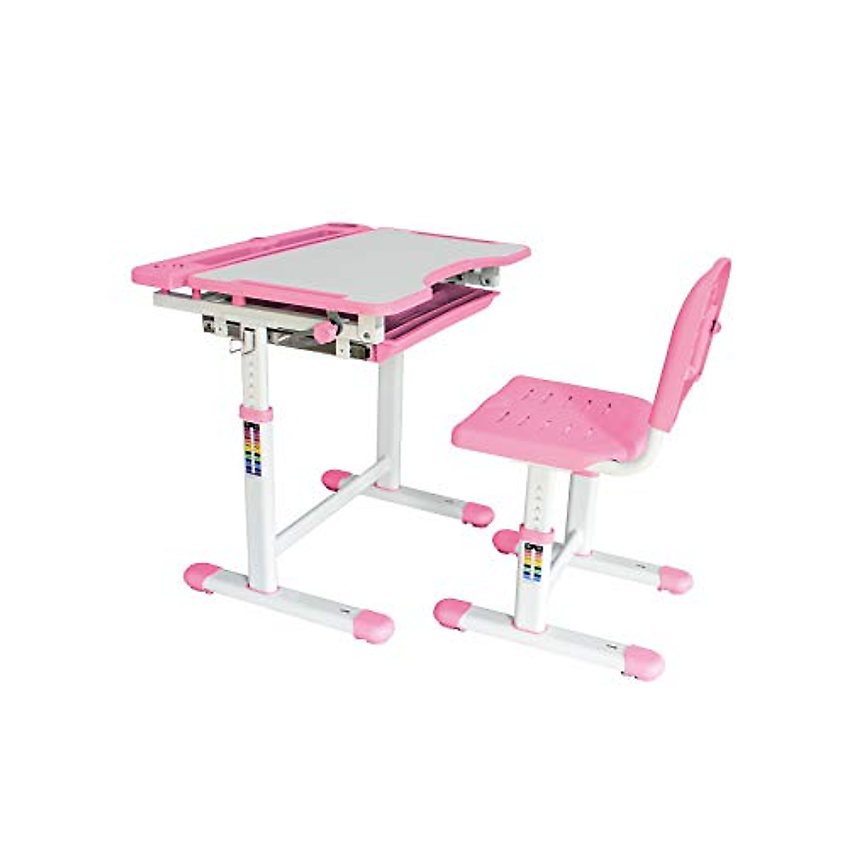 Ergonomic Kids Study Desk and Chair Height Adjustable School Student Study Desk with Tilt Desktop, Book Stand, Cup Holder, Steel Hook, Storage Drawer and Height Adjustable Chair Set