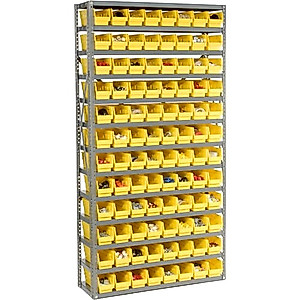 Global Industrial 13 Shelf Steel Shelving with (96) 4" H Plastic Shelf Bins, Yellow, 36x12x72