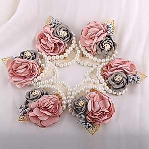 Elandy 1PC Rose Flower Wedding Bride Wrist Corsage Wristlet Band Faux Pearl Bracelet Bridesmaid Wrist Corsage Decor for Wedding Prom Party