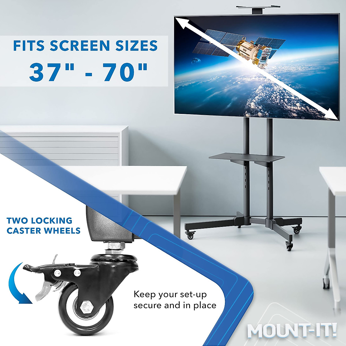 Mount-It! TV Cart Mobile TV Stand Wheeled Height Adjustable Flat Screen Television Floor Stands with Rolling Casters and Shelf, VESA Compatible TV Mount Bracket Fits Displays 37 to 70 Inch, 110 Lbs