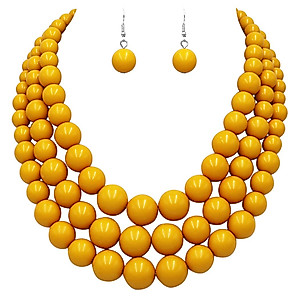 Rosemarie & Jubalee Women's 3 Colorful Multi Strands Simulated Pearl Necklace And Earrings Jewelry Gift Set, 18"+3" Extender (Mustard Yellow Silver Tone)