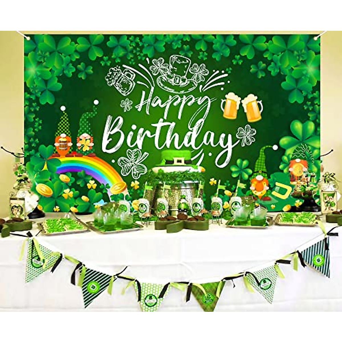 Ushinemi St Patricks Day Birthday Decorations, St. Patrick's Day Happy Birthday Backdrop Banner, Lucky Clover Shamrock Gnome Birthday Party Background 6 x 3.6 ft