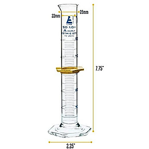 EISCO Graduated Cylinder, 50mL - ASTM, Class A Tolerance ±0.25mL - Protective Collar, Hexagonal Base - Blue Graduations - Borosilicate 3.3 Glass