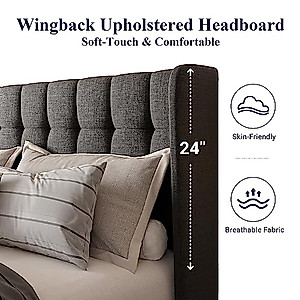 Allewie Full Size Platform Bed Frame with Wingback, Fabric Upholstered Square Stitched Headboard and Wooden Slats, Mattress Foundation, Box Spring Optional, Easy Assembly, Dark Grey