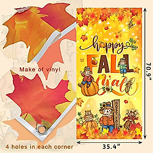 Fall Porch Decorations-Scarecrow Happy Fall Door Cover Thanksgiving Maple Leaves Pumpkin Banner Photo Background for Autumn Decor