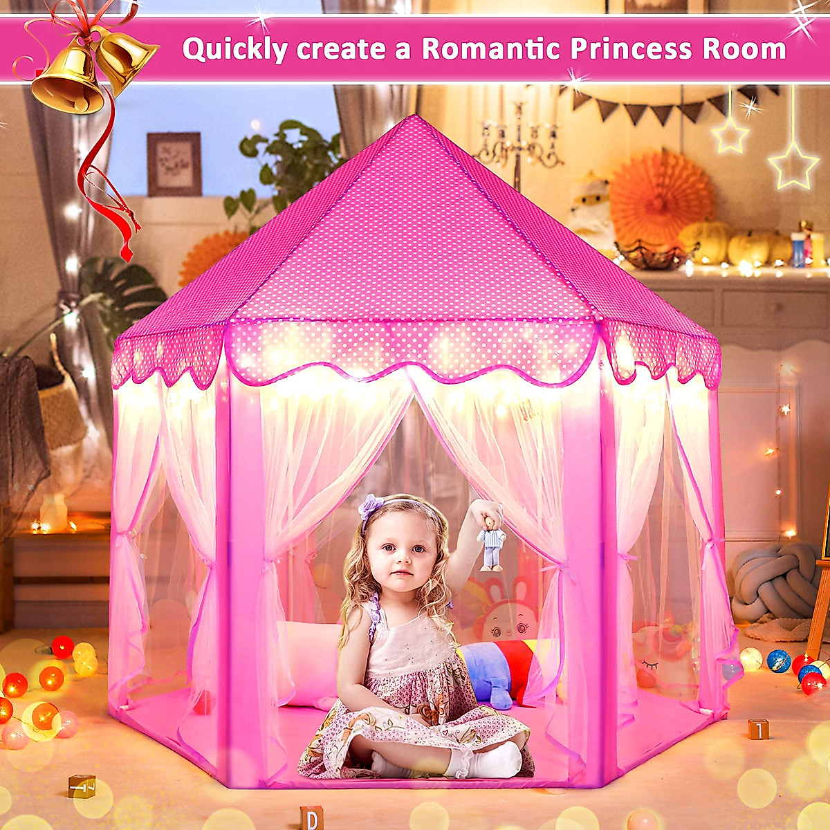 Princess Castle Play Tent for Girls: Sumerice Girls Play Tent with Lights - Pink Kids Playhouse Tent Indoor Outdoor Games - Hexagon Children Play House Fairy Tent Toys Toddler Gifts