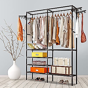 ZZBIQS 5 Tiers Metal Garment Clothing Rack Hanging Clothes Organizers with Shelves and 4 Side Hook , Compact Armoire Storage Rack, 33.8" L x 17.3" W x 68.5" H, Max Load 115 LBS, Black