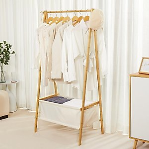 Cozivolife Bamboo Clothes Rack with Storage Box, Garment Rack Clothing Racks for Hanging Clothes, Foldable Wardrobe Storage Rack for Entryway and Bed Room (Natural)