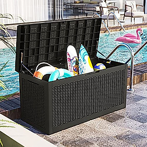 Greesum 100 Gallon Resin Deck Box Large Outdoor Storage for Patio Furniture, Garden Tools, Pool Supplies, Weatherproof and UV Resistant, Lockable, Black