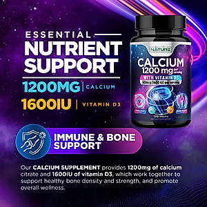 Calcium 1200mg with Vitamin D3 for Best Absorption - Advanced Bone Support Supplement, 1200 mg Calcium Carbonate & 1600 IU Vitamin D3, Slow Release for Immune Support, Easy to Swallow, 120 Tablets