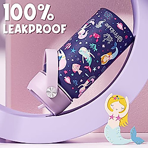 Fimibuke Kids Insulated Water Bottle - 14oz BPA-FREE Double Wall Vacuum Tumbler 18/8 Stainless Steel Leak Proof Kids Cup with Straw Metal Water Bottle for School Boy Girl (2 Pack, RAINBOW+MERMAID)