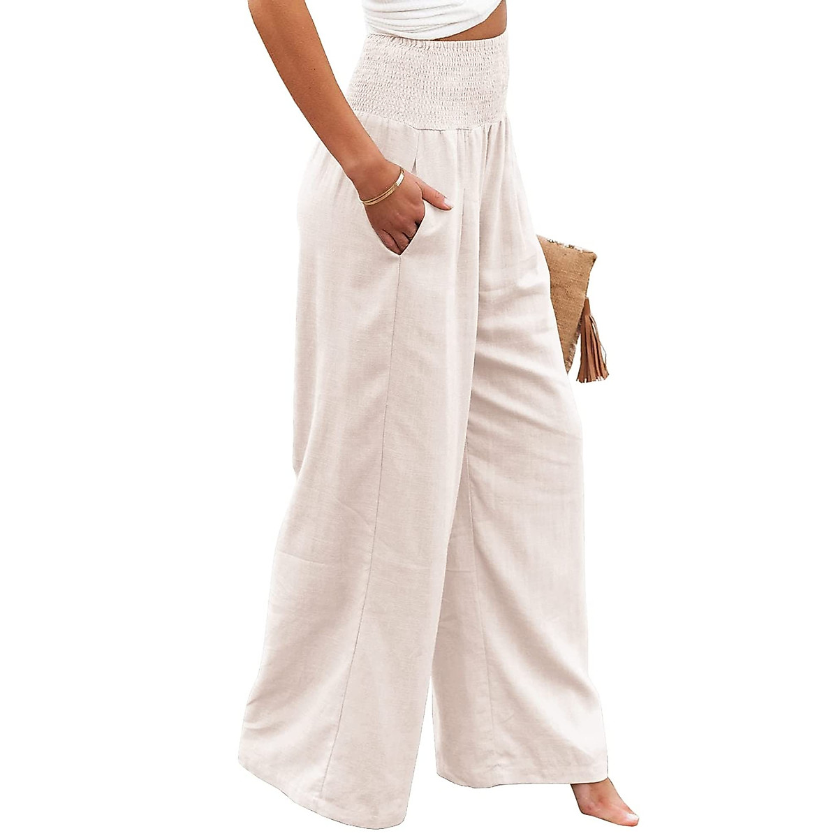 Women Linen Pants Elastic High Waist Wide Leg Palazzo Lounge Pants Casual Loose Beach Pants with Pockets (M, White)