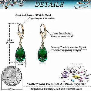 Austrian Crystal Teardrop Leverback Dangle Earrings for Women Fashion 14K Gold Plated Hypoallergenic Jewelry (Emerald)