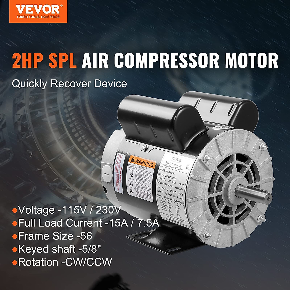 VEVOR 2HP SPL Air Compressor Motor, 3450 RPM Electric Motor, 115/230V, 15/7.5Amps, 5/8" Keyed Shaft 56 Frame, 1.88" Shaft Length for Air Compressors
