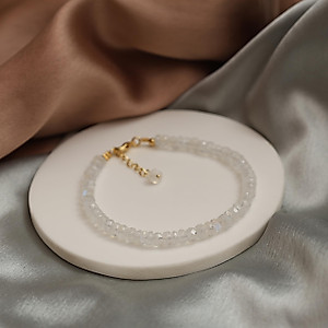 Gempires Rainbow Moonstone Beaded Bracelet, Faceted Beads 4-5 mm, Moonstone Crystal Bracelet for Women, June Birthstone, Gift for Her, 14k Gold Plated 8 inches Adjustable Chain