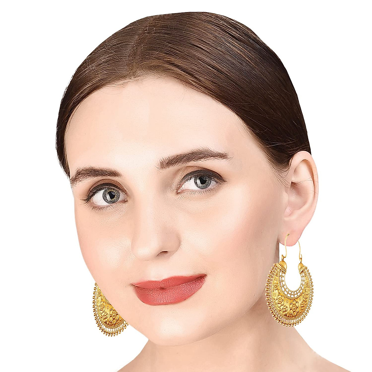 Touchstone Indian bollywood pretty fringes and floral theme ethnic south Indian chandbali moon bridal designer jewelry chandelier earrings for women in antique gold tone.